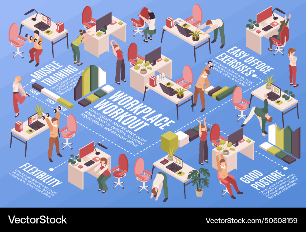 Isometric workplace workout horizontal infographic