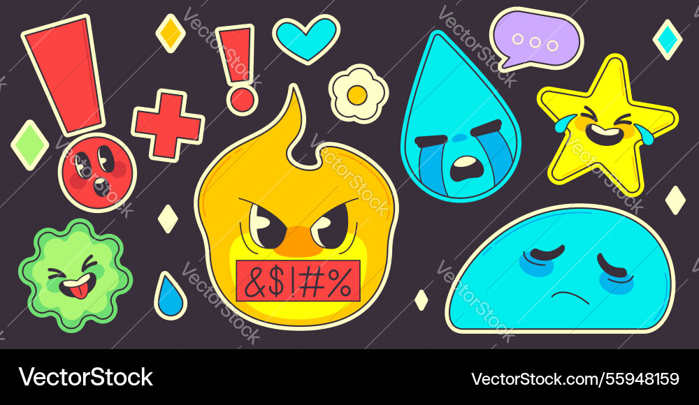 Sad emoji stickers set isolated on black Vector Image