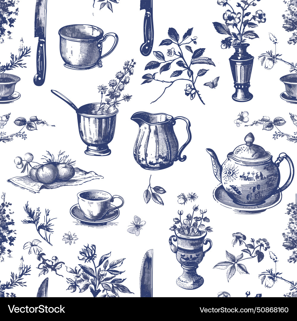 Floral Kitchen Toile de Jouy Pattern Royalty Free Vector