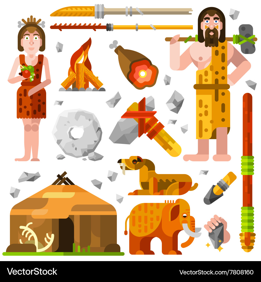 Prehistoric stone age caveman icons Royalty Free Vector