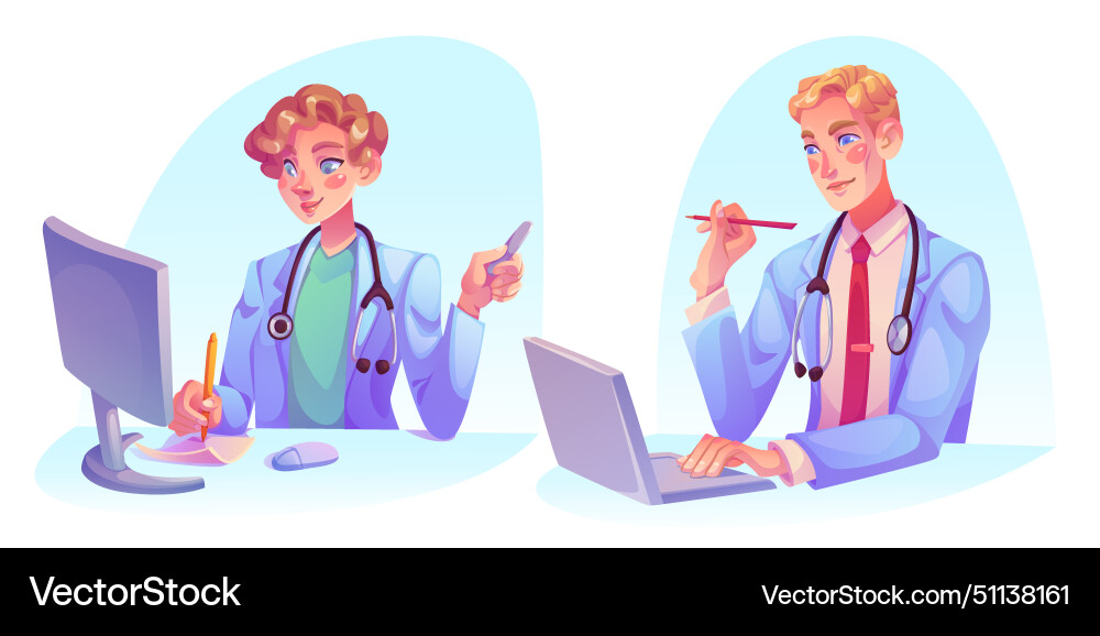 Doctor working at desk with computer Royalty Free Vector