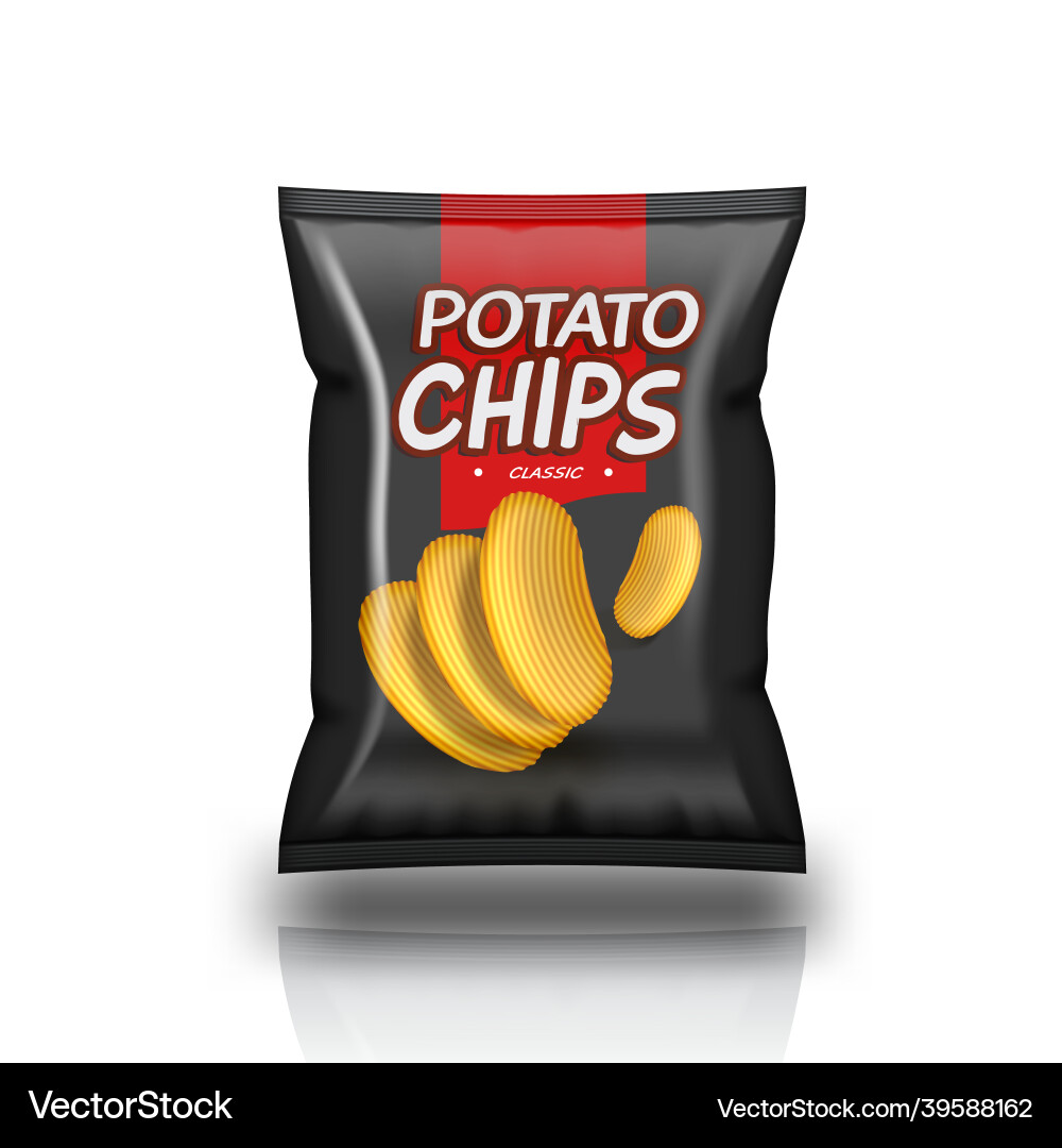 Black chips package bag with label isolated Vector Image