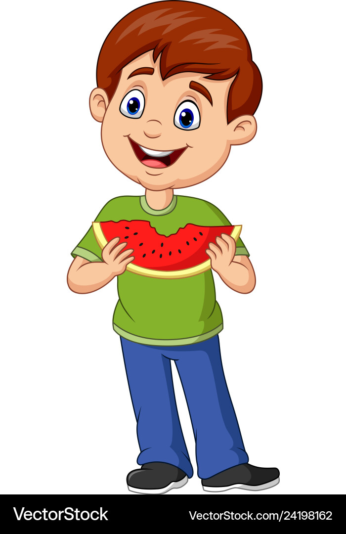 Cartoon boy eating watermelon slice Royalty Free Vector