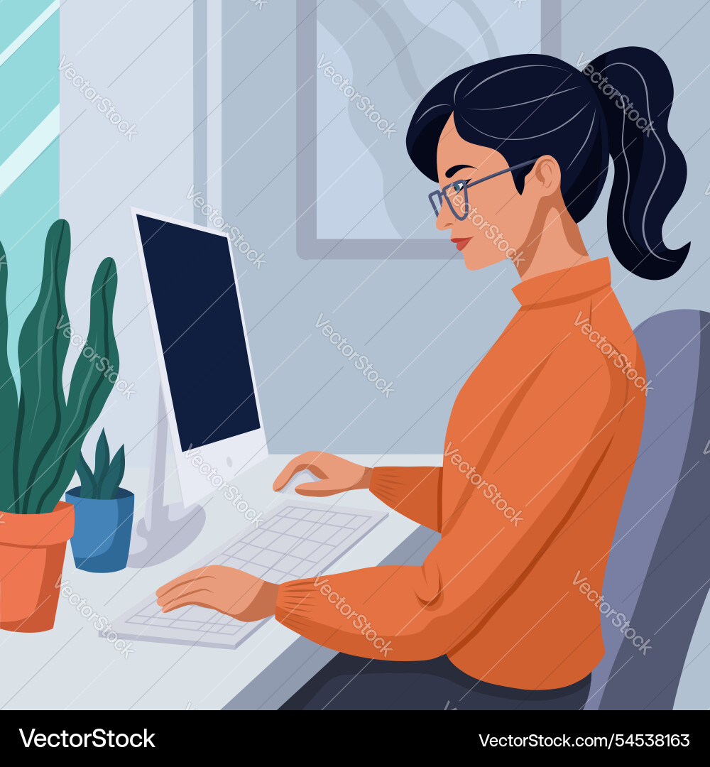 Woman studying at computer Royalty Free Vector Image