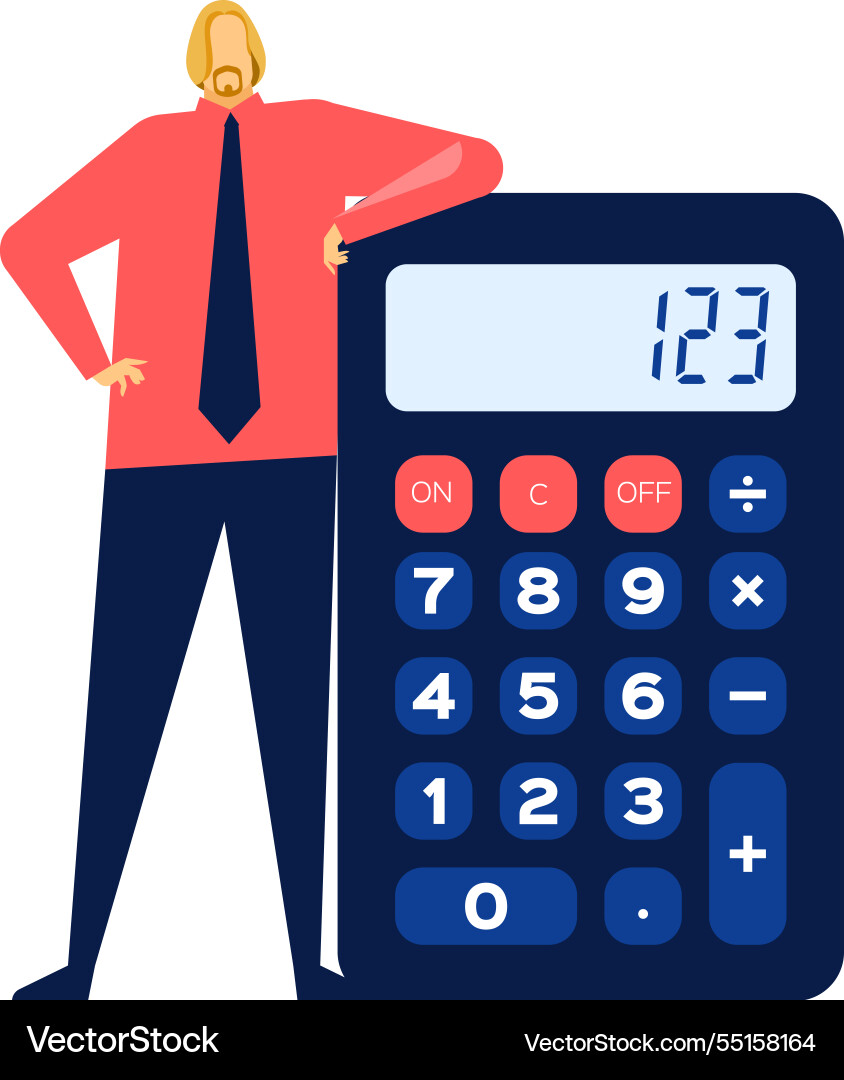 Accountant leaning on a large calculator while Vector Image
