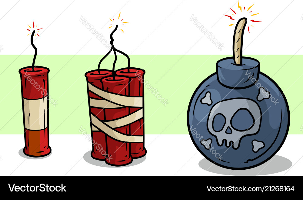 Cartoon red dynamite and bomb with wick set Vector Image