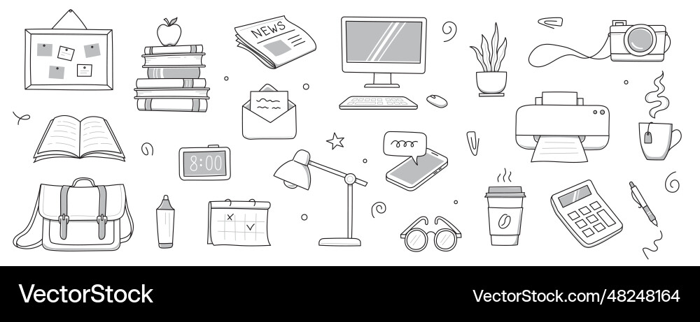 Office work doodle set computer desk Royalty Free Vector