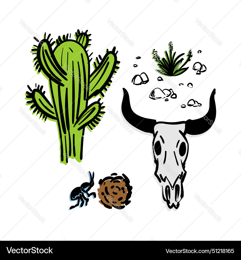 Desert hand drawing set cow skull and cactus Vector Image