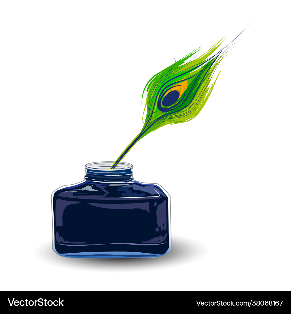 Ancient ink pot with peacock feather used Vector Image