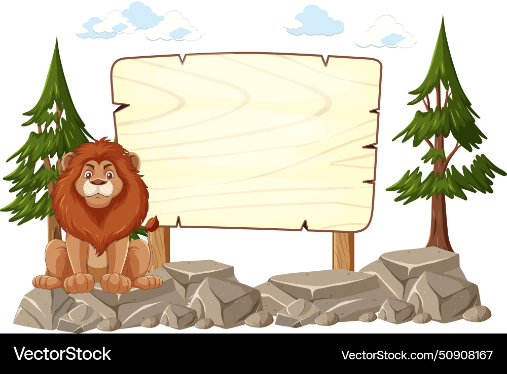 Cartoon lion beside a sign in forest setting Vector Image