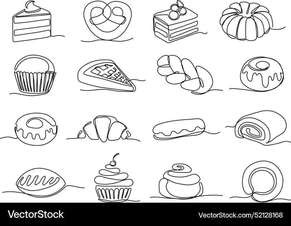 Continuous one line sweet bakery pastry Royalty Free Vector