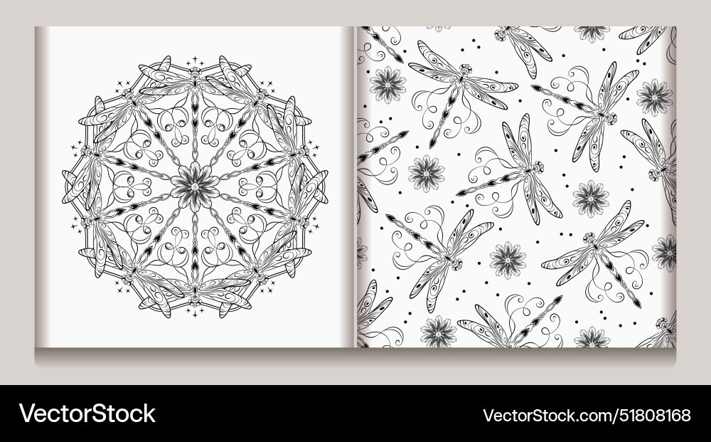 Pattern label with circular dragonfly flower Vector Image