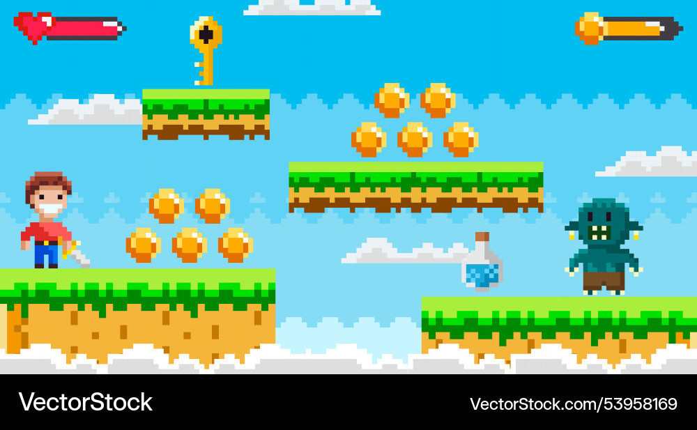 Pixelated adventure platformer game with character