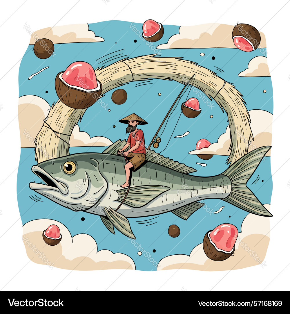 Whimsical fisherman riding a fish through Vector Image