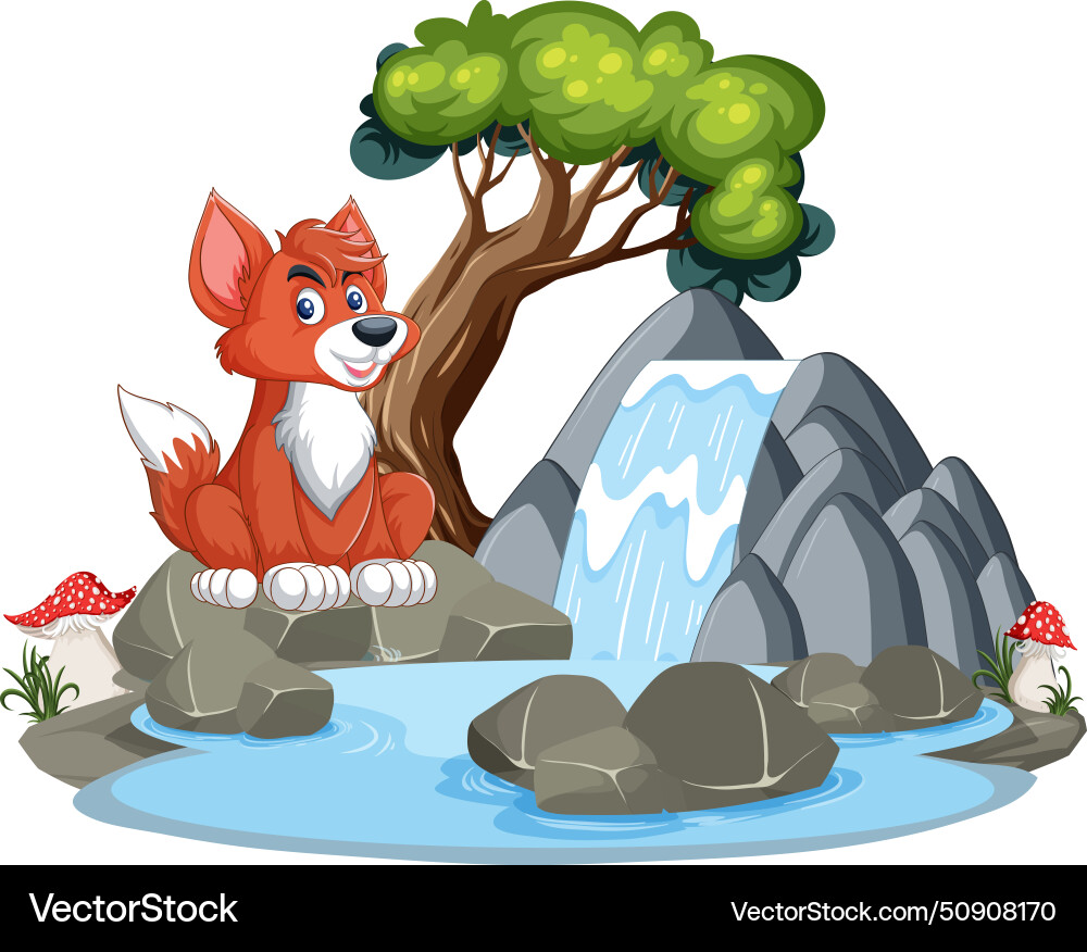 A happy fox sitting near small waterfall Vector Image