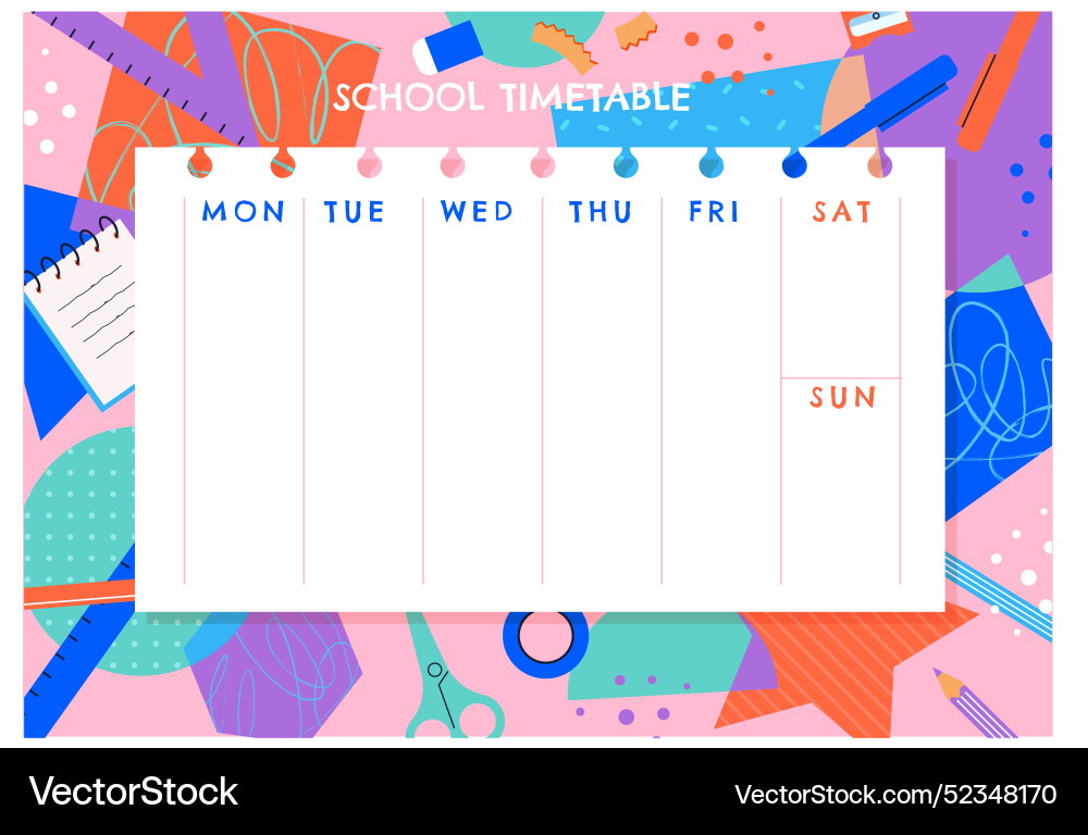 Flat back to school timetable template Royalty Free Vector