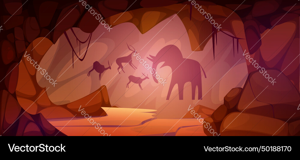 Prehistoric cave with animal drawings on wall Vector Image