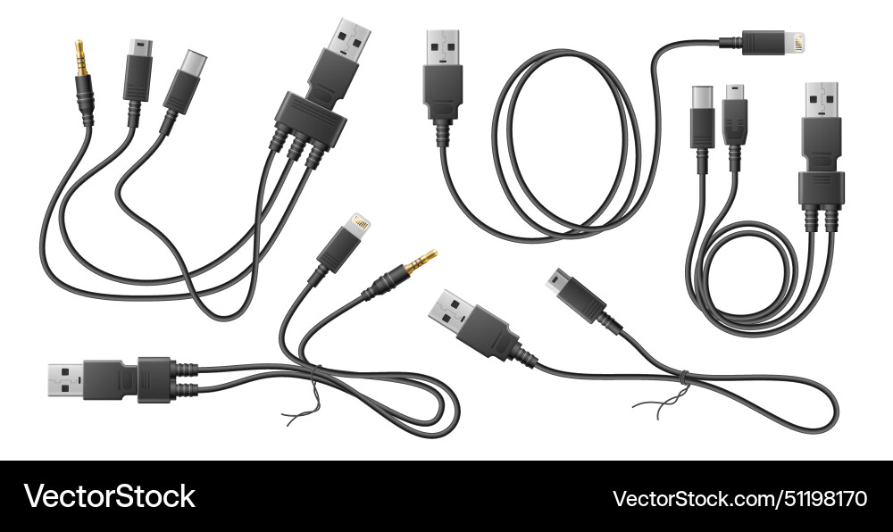 Realistic adapter cables black flexible wires Vector Image