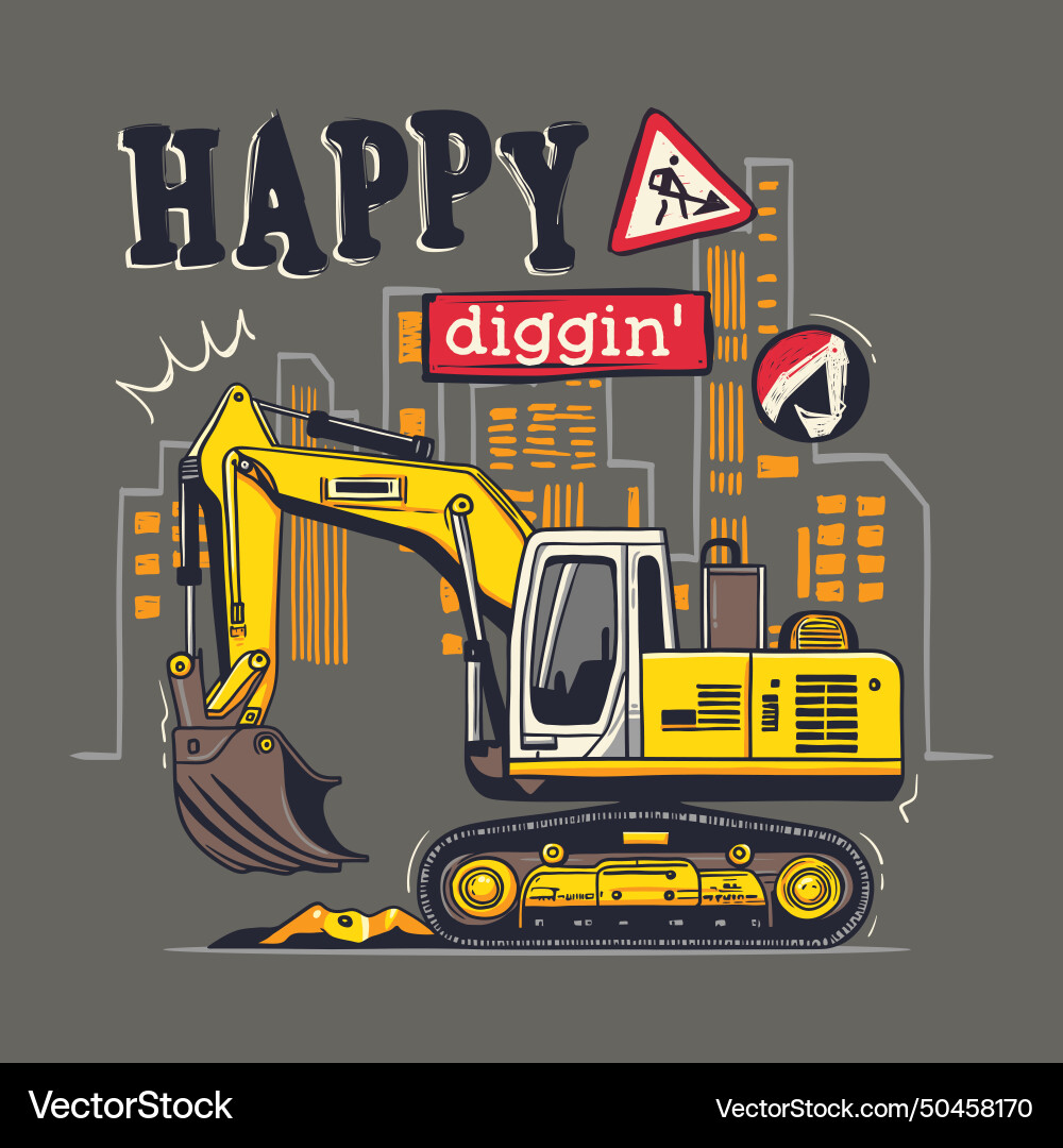 Yellow excavator digging ground on construction Vector Image