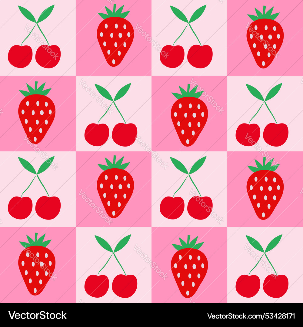 Checkered cherries and strawberry seamless pattern