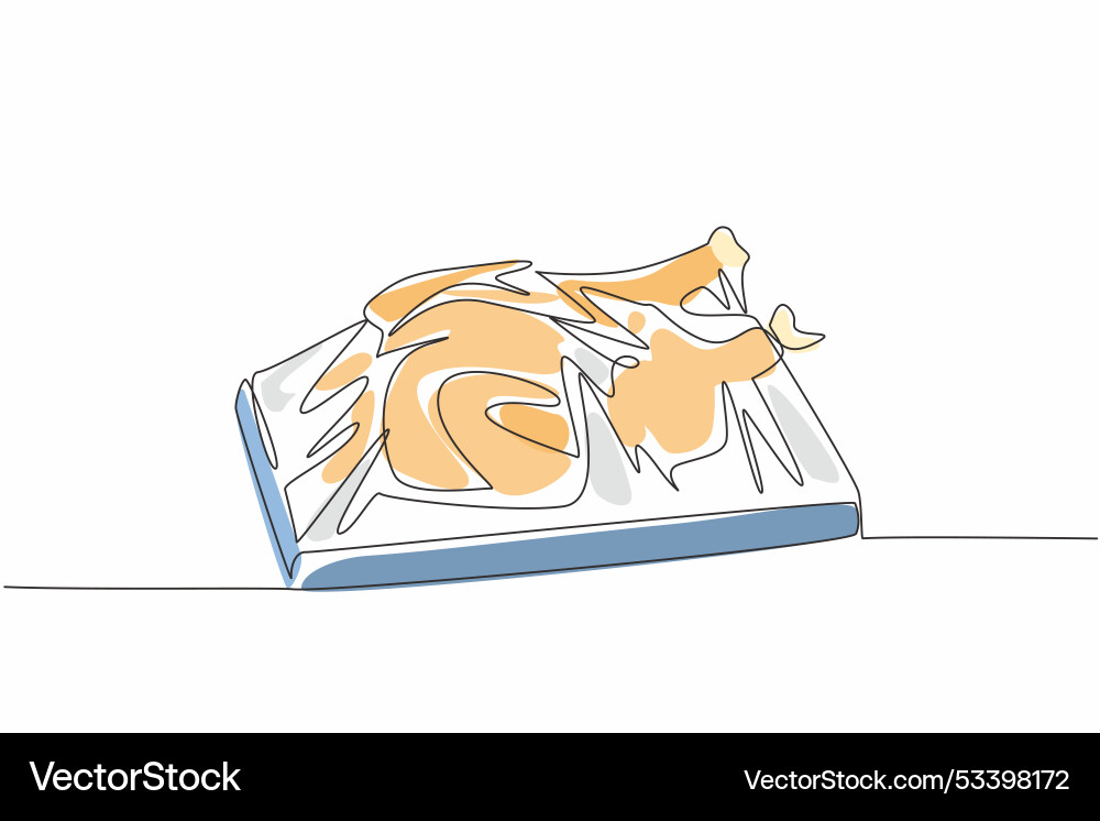 Single one line drawing raw chicken in a box Vector Image