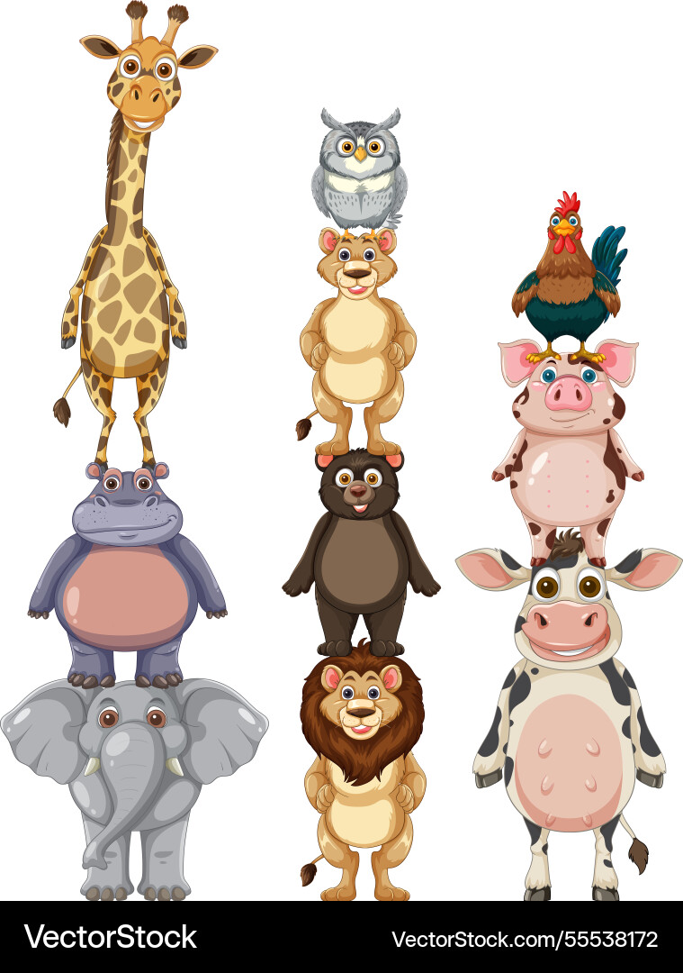 Stacked animals showcasing teamwork and harmony Vector Image