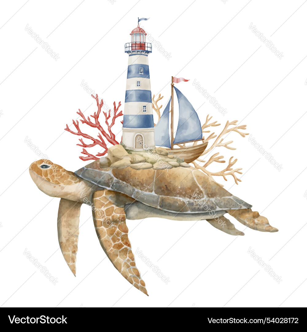 Watercolor of turtle lighthouse Royalty Free Vector Image