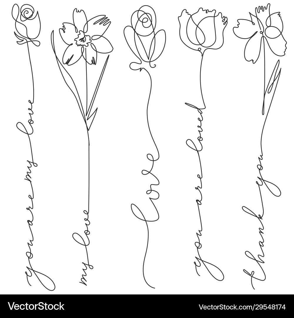 Set line art flowers with lettering Royalty Free Vector
