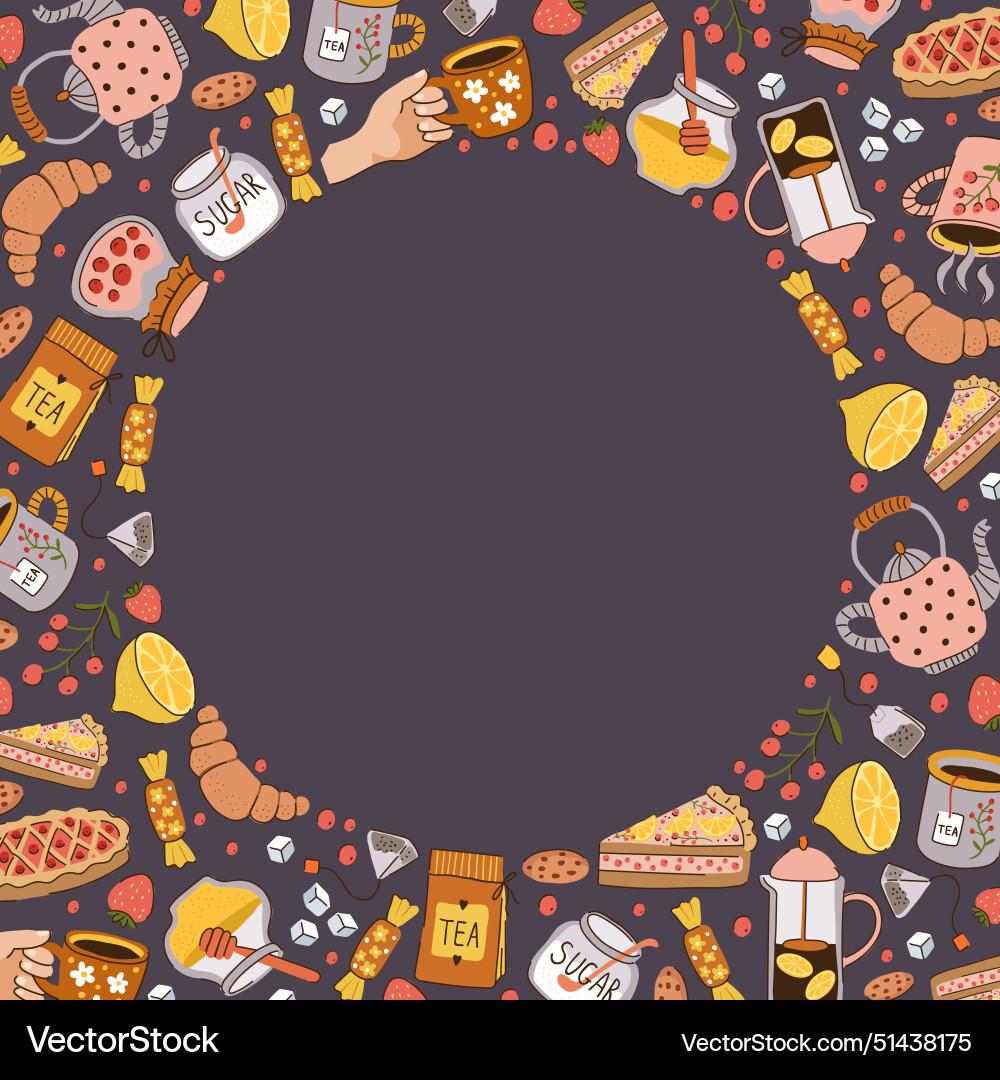 Tea frame hot drinks sugar cake lemon cups Vector Image