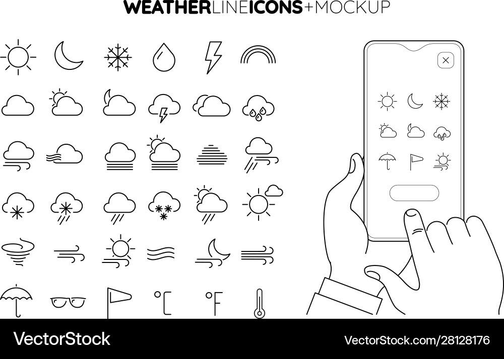 Line weather icon set with hands holding Vector Image