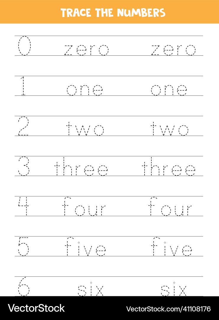 Number and Word Tracing Worksheet for Kids Vector Image