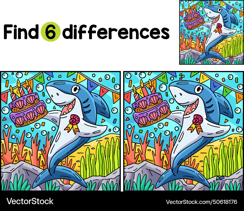 Shark with birthday cake find the differences Vector Image