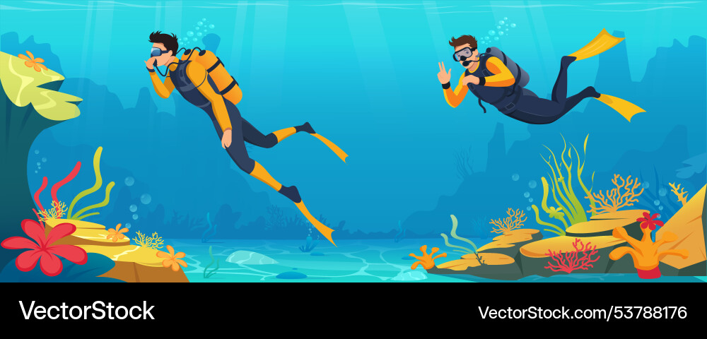 Two divers exploring underwater scene with vibrant