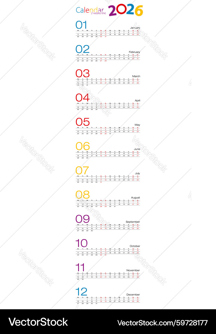 2026 Calendar - Two Week Layout Royalty Free Vector Image