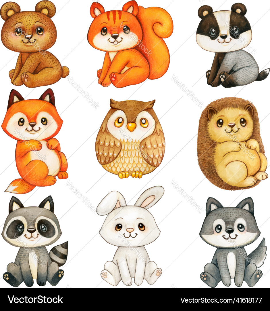 Watercolor Woodland Animals Cliparts Royalty Free Vector