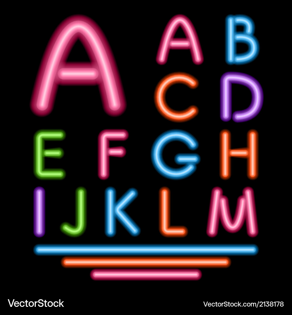 Neon tube letters multicolor glowing font Vector Image