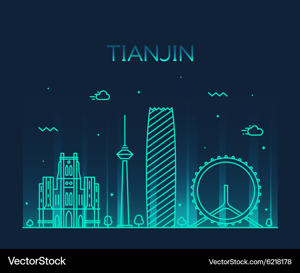 Tianjin skyline line art Royalty Free Vector Image