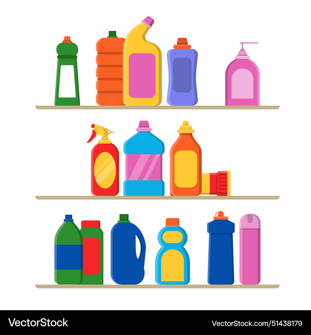 Bottles on shelves detergent and cleaning liquid Vector Image