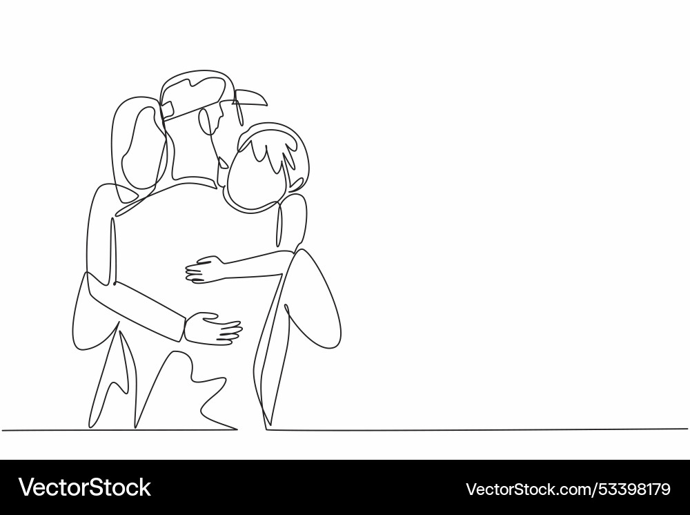 Continuous one line drawing a soldier hugs his Vector Image
