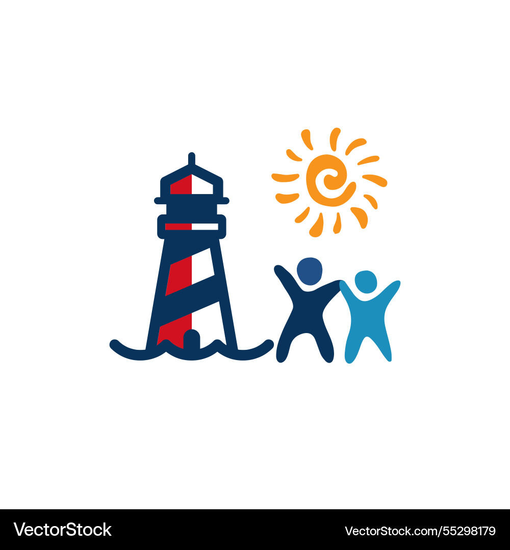 Lighthouse two human figures and a sun Royalty Free Vector