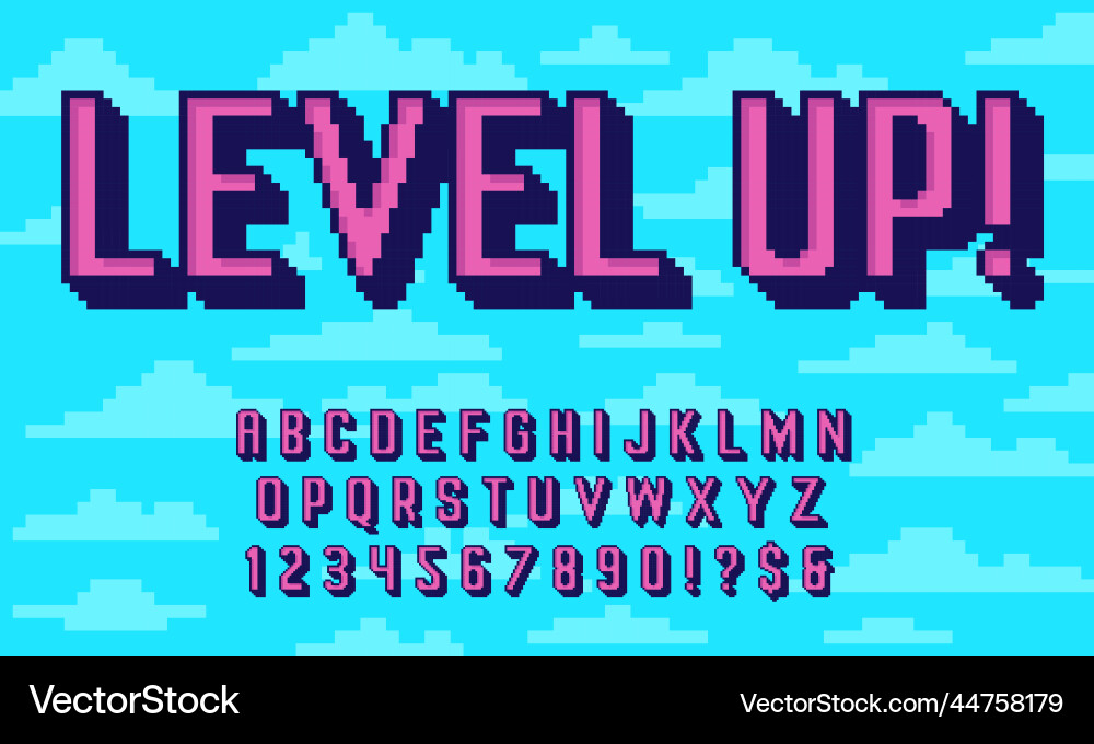 Retro pixel art 3d font 8 bit typography alphabet Vector Image