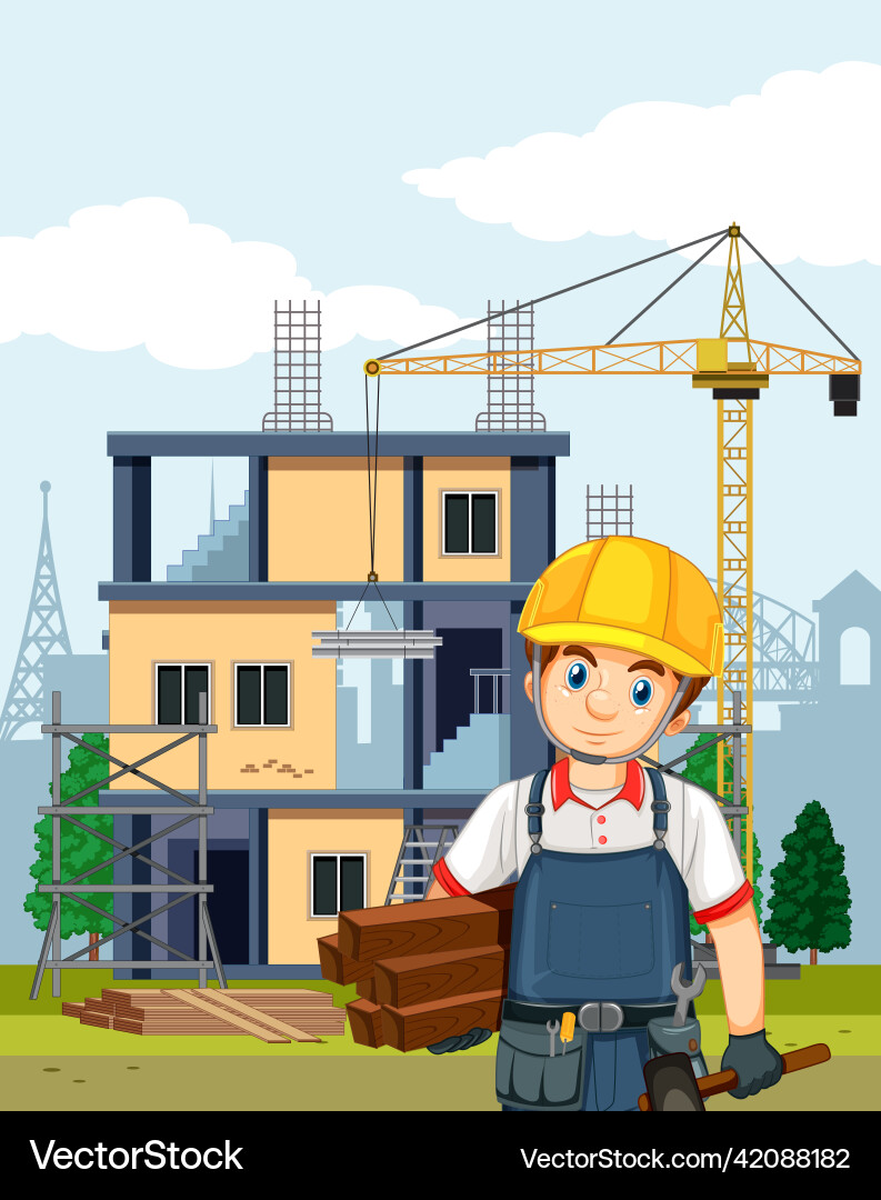 Cartoon scene of building construction site Vector Image