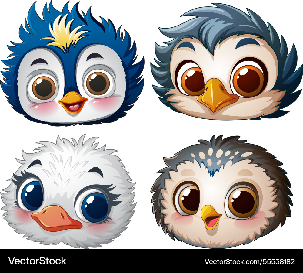 Cute cartoon bird faces with big expressive eyes Vector Image