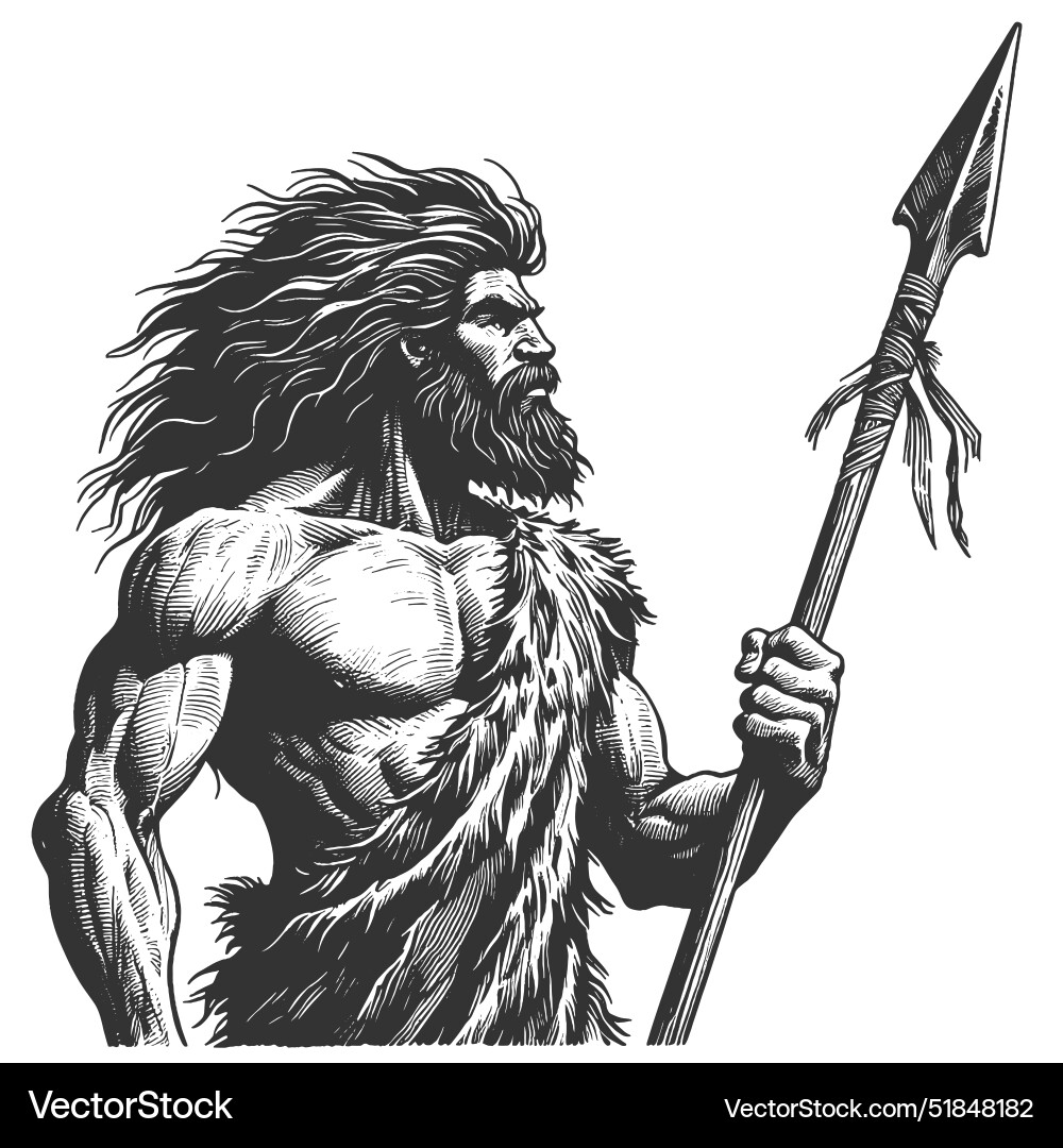 Prehistoric caveman with spear engraving Vector Image