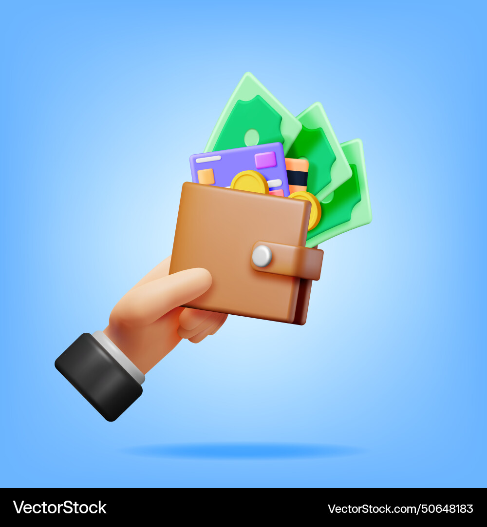 3d money and leather wallet in hand Royalty Free Vector
