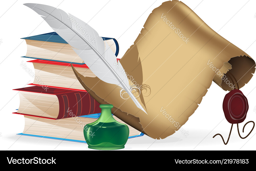 Books feather and old paper scroll Royalty Free Vector Image