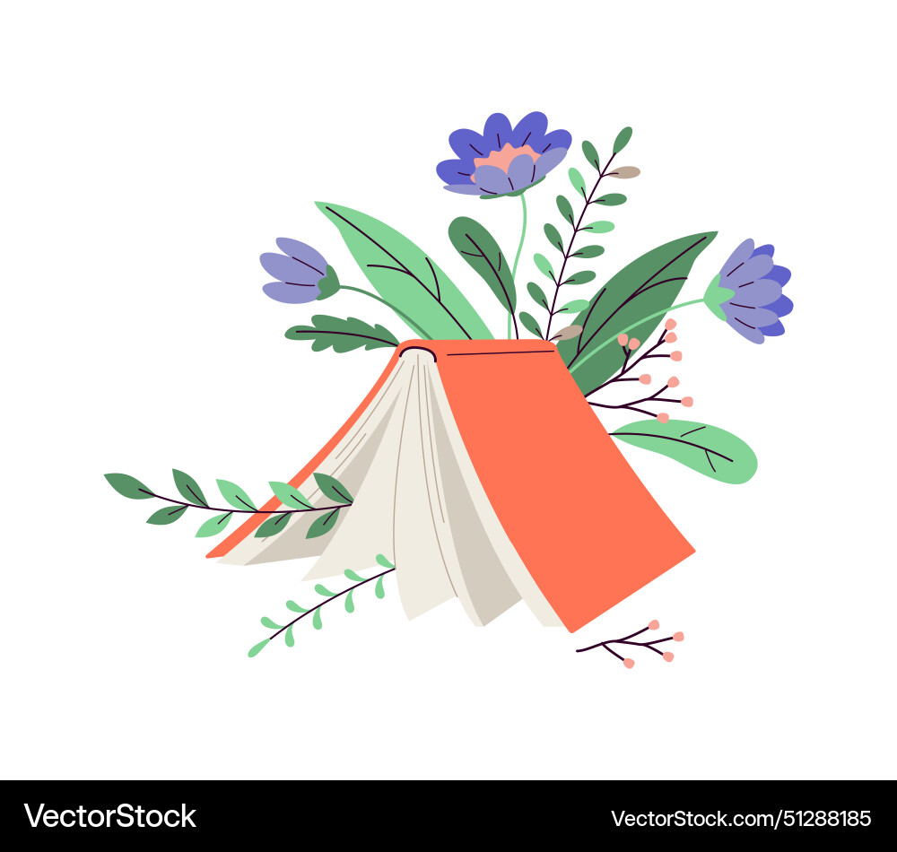 Open book with blooming wild flower sand leaves Vector Image