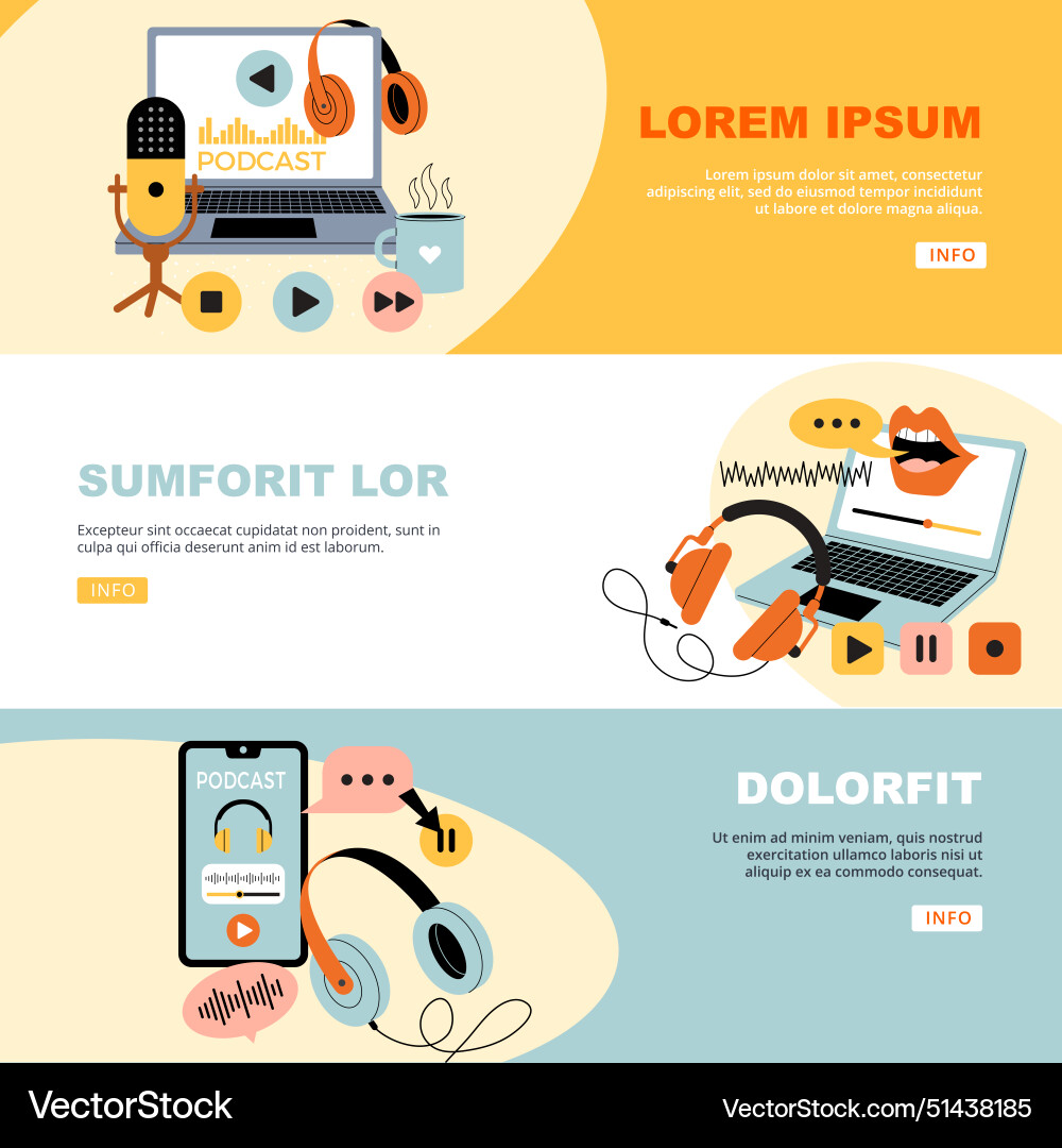 Podcast banners music audio or video broadcast Vector Image