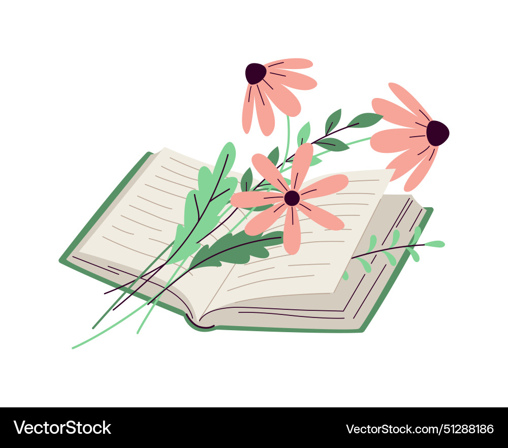Open book with blooming wild flower sand leaves Vector Image