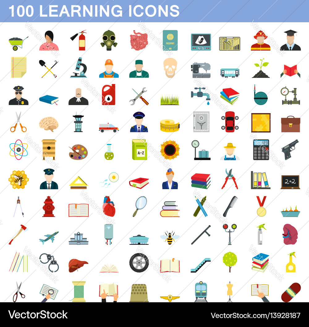 100 Learning Icons - Flat Style Royalty Free Vector Image